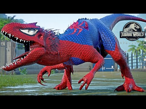 Spiderman Indominus REX, Venom, Captain America, Iron Man Dino Fight - Jurassic World Evolution