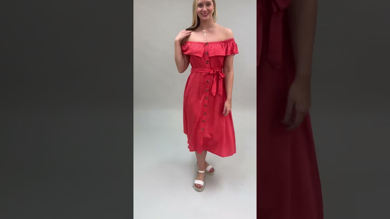 Yumi Coral Bardot Button Down Dress