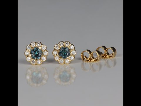 14K Yellow Gold Alexandrite And Diamond Halo Stud Earrings