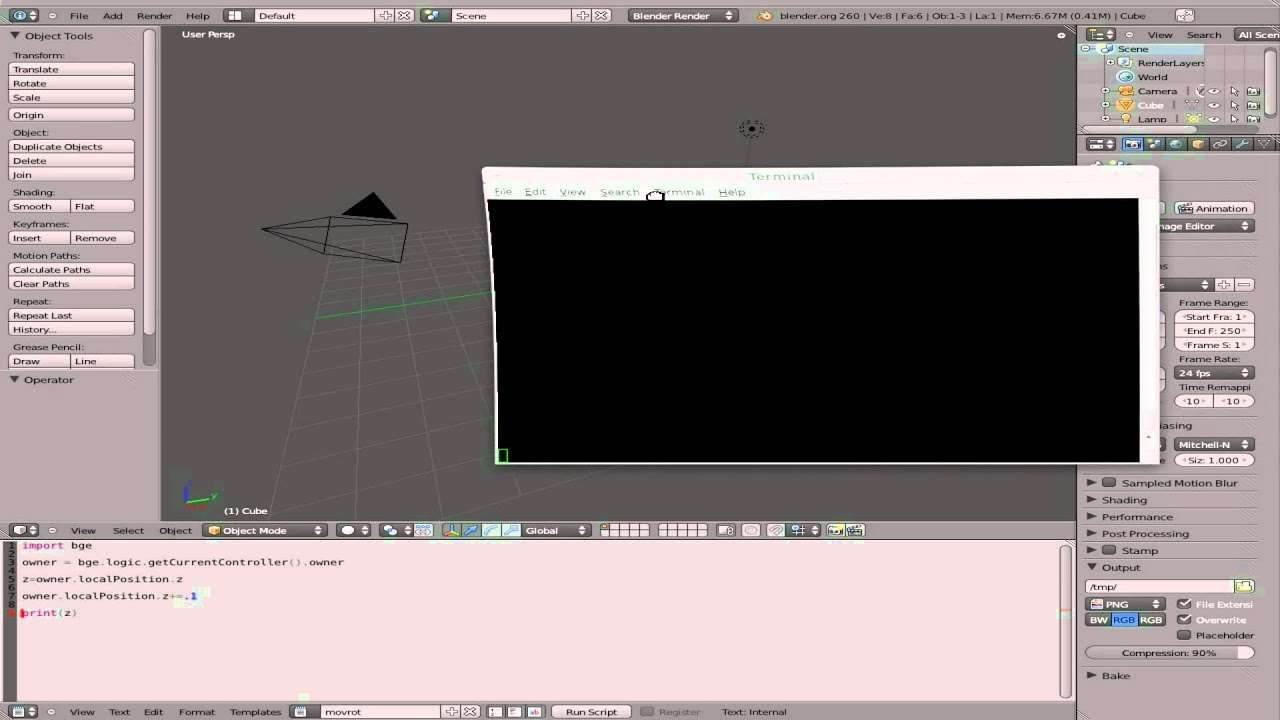 BGE10 - Python in Blender Game Engine - Move then Rotate Object - Linux