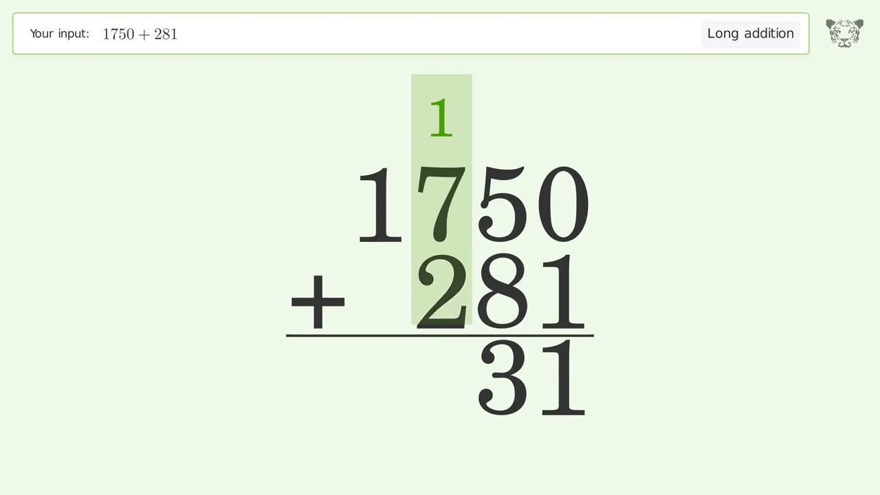Long addition: Solve 1750+281 step-by-step solution