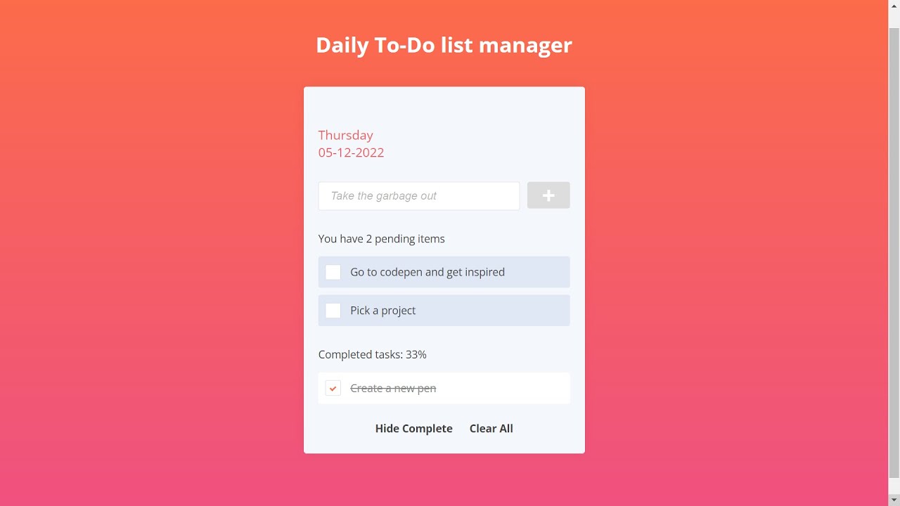 Build Todo List Manager in HTML, CSS and JavaScript