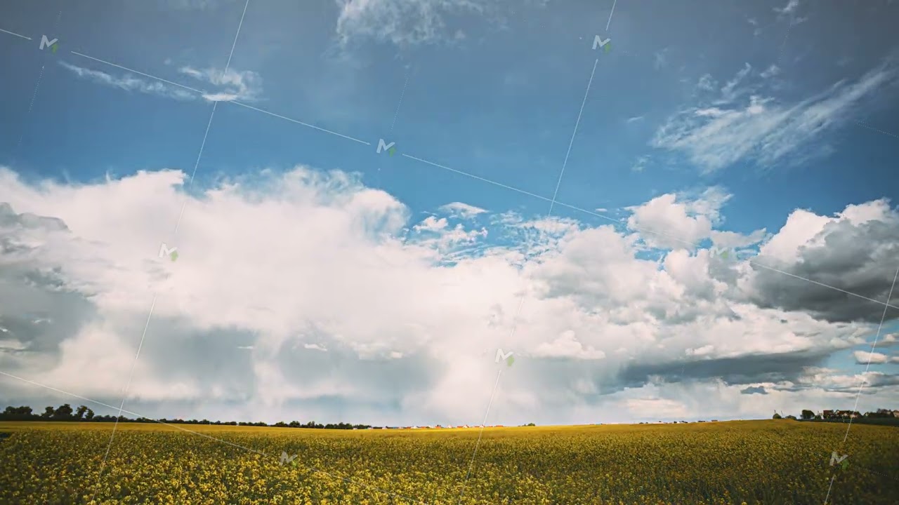Dramatic Sky With Rain Clouds And Rainbow On Horizon Above Rural Landscape Camola Colza Rapeseed