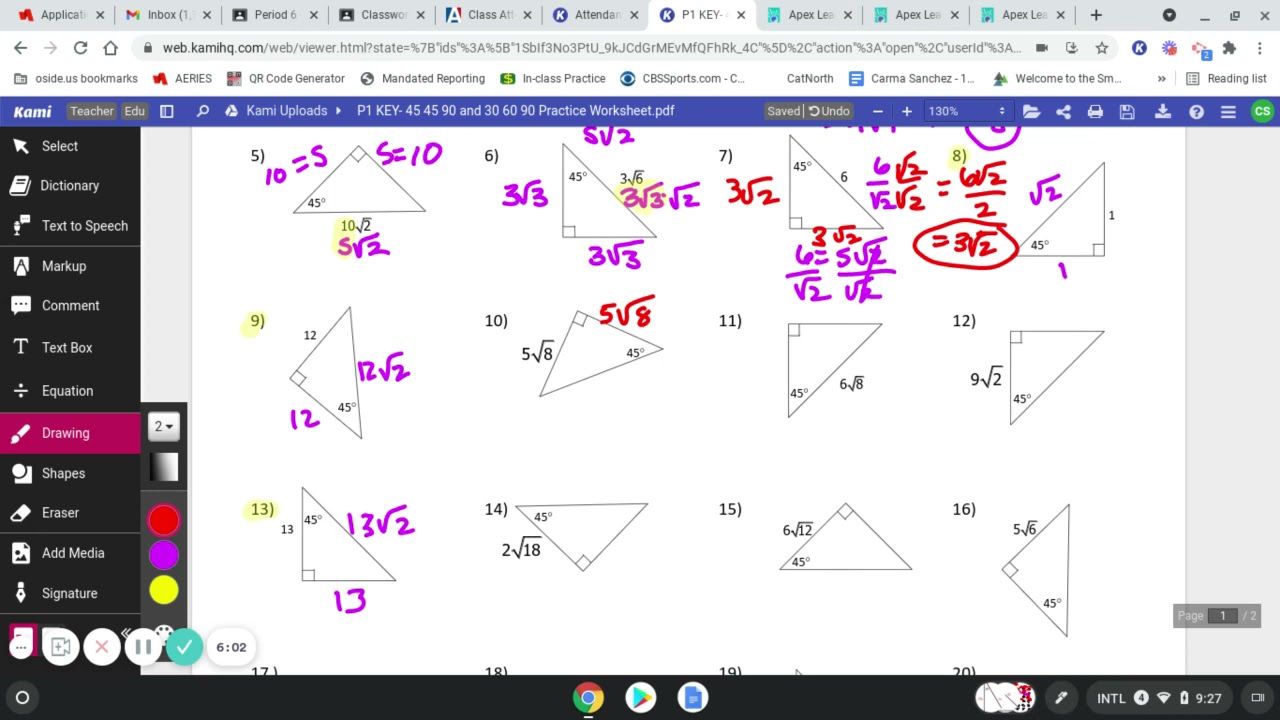 SPECIAL RIGHT TRIANGLES PAGE 1 - 45 45 90 Practice Worksheet pdf