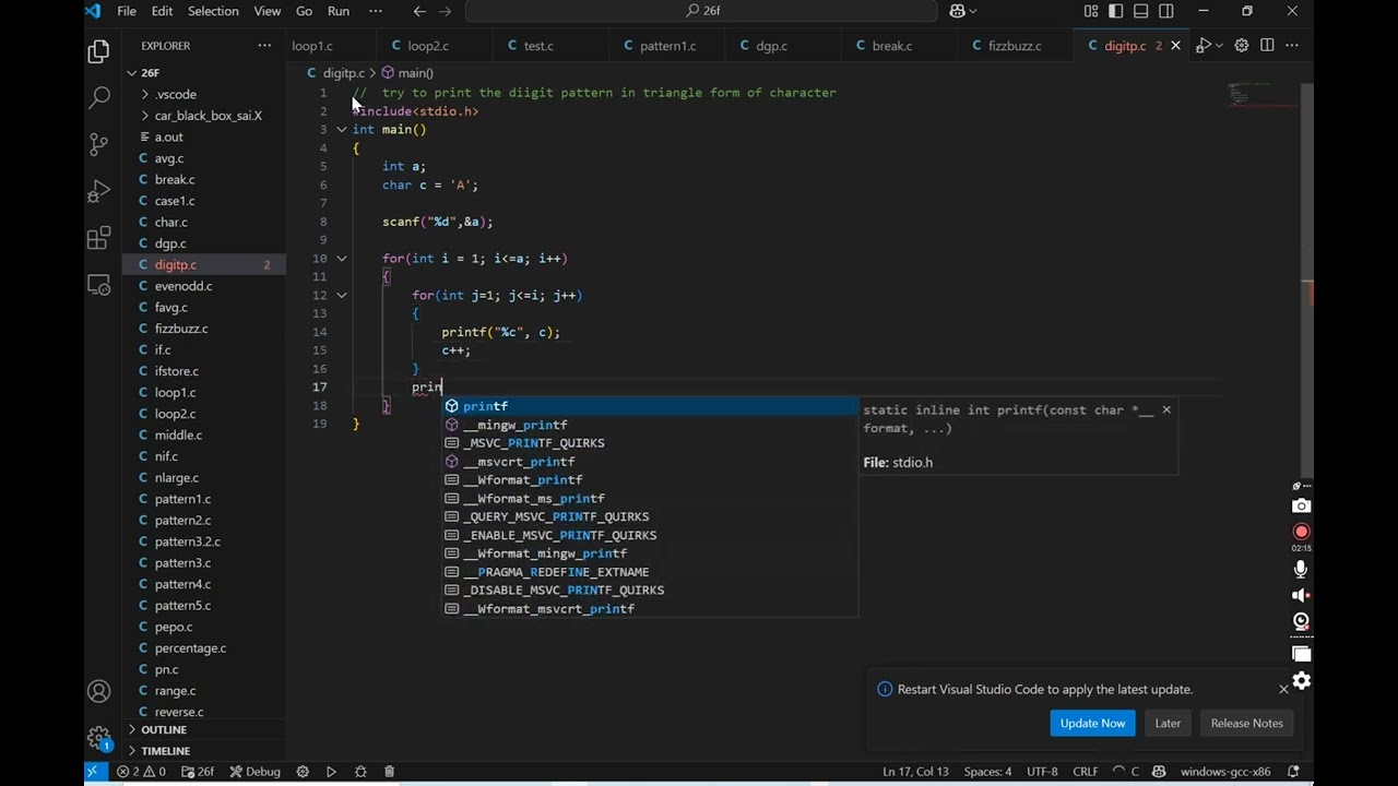 Print Simple Triangle Number Pattern in C | Beginner C Pattern Program