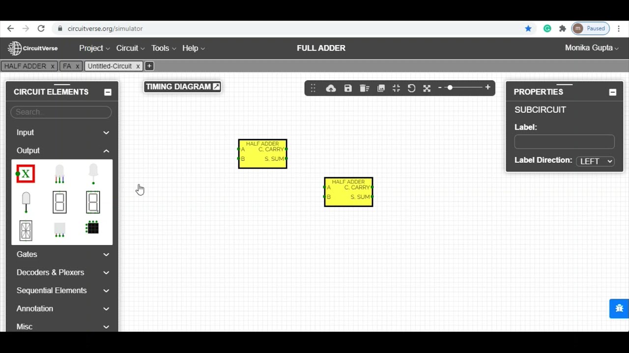 CircuitVerse-Half adder-Full Adder-Full adder using two Half Adder