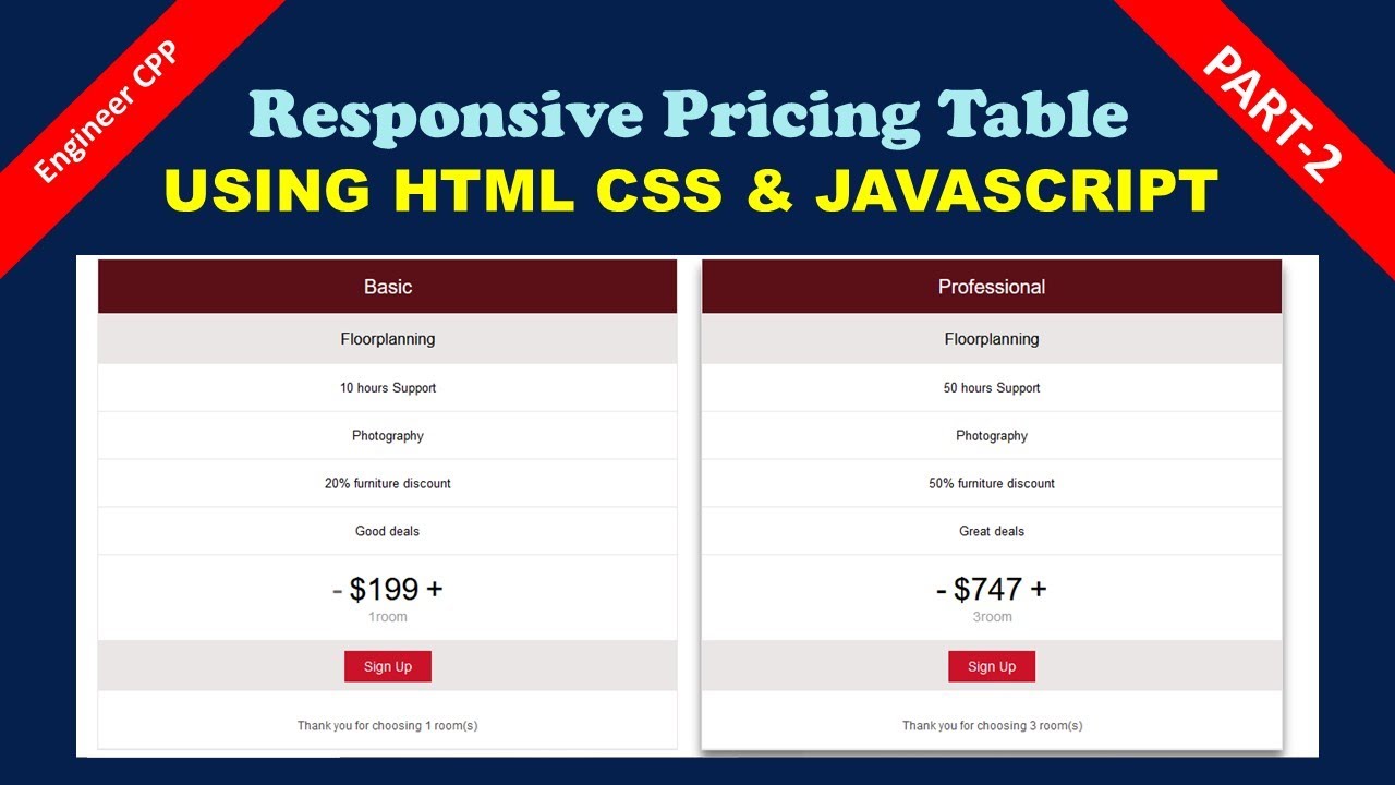 price table html css javascript tutorial-part 2 || Responsive Pricing Table