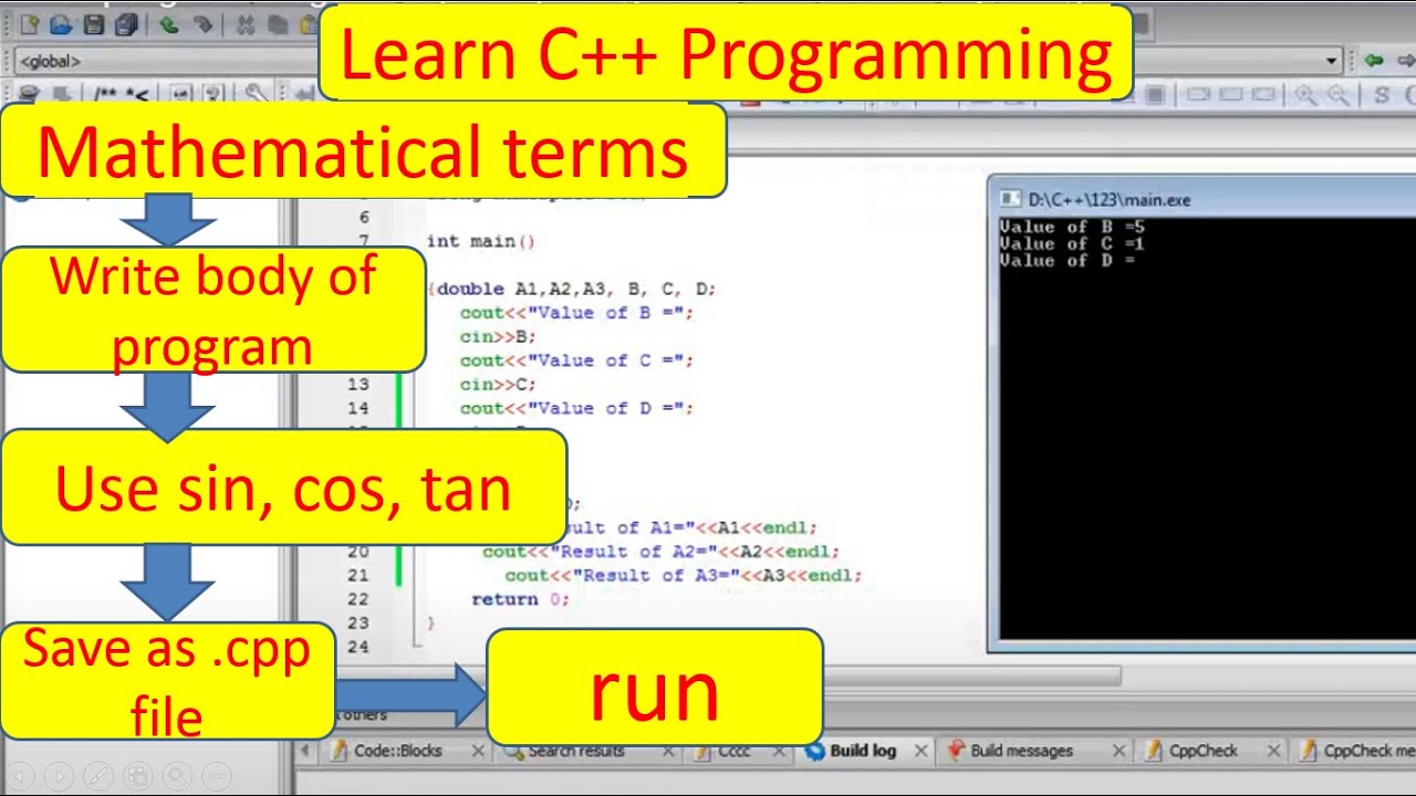 C++ programming basic part 5 / Math Functions sin cos log /Code  Blocks