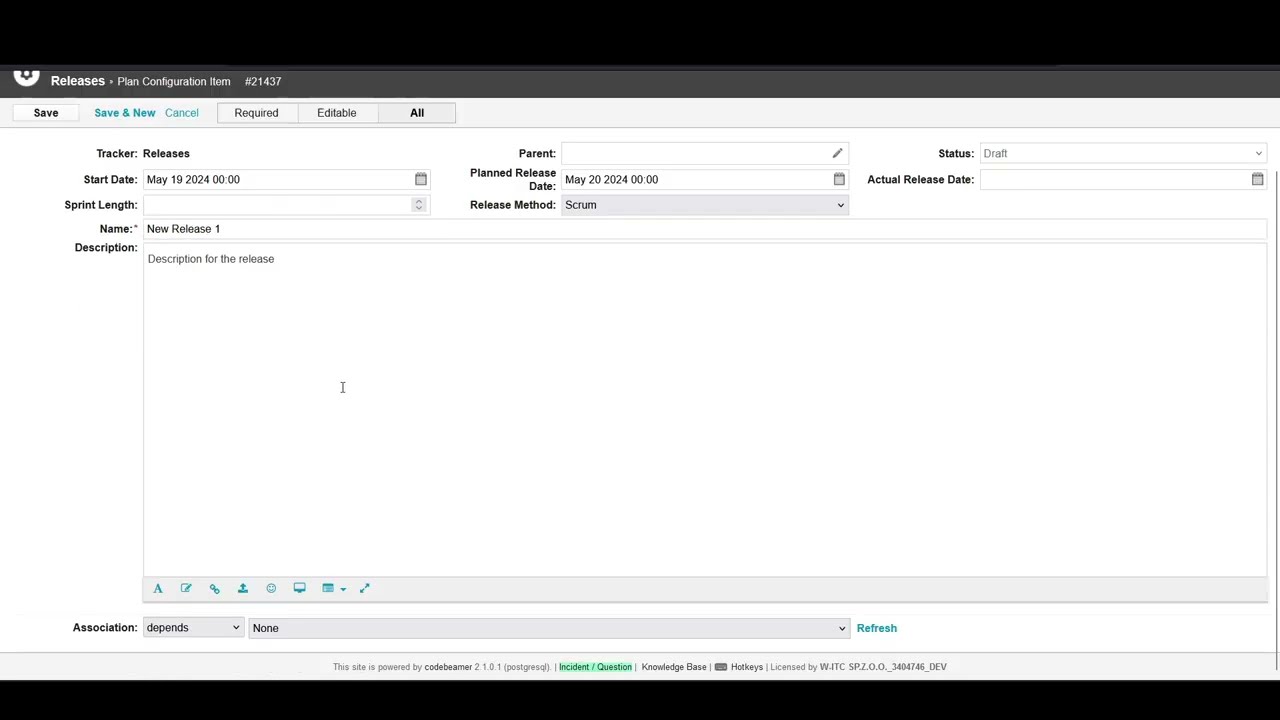 Codebeamer for Beginners Tutorial – Add Release