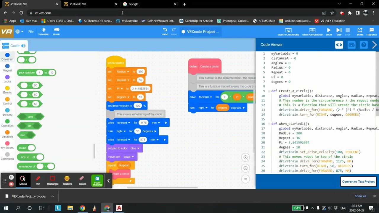 VEXcode VR   Drawing a circle Variables- Block and Python