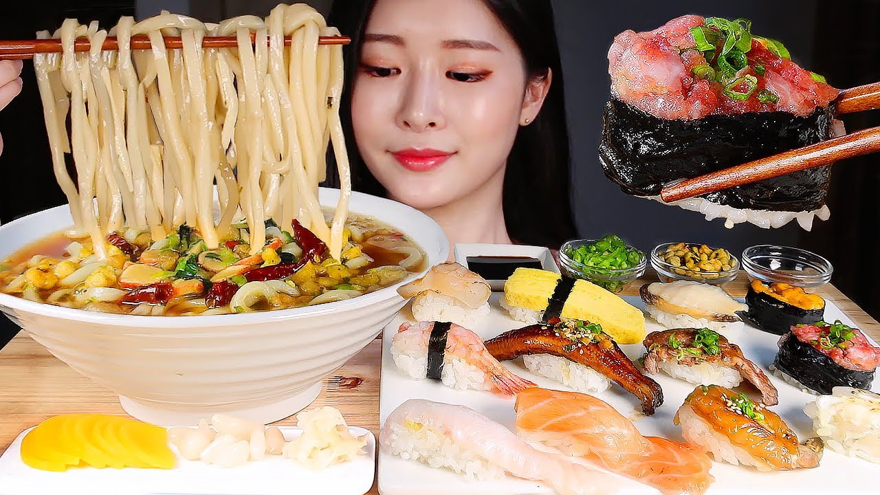 ASMR SUSHI & UDON NOODLE SOUP * 12 KINDS OF SUSHI! SHRIMP, SALMON, FISH ROE MUKBANG Eating Show