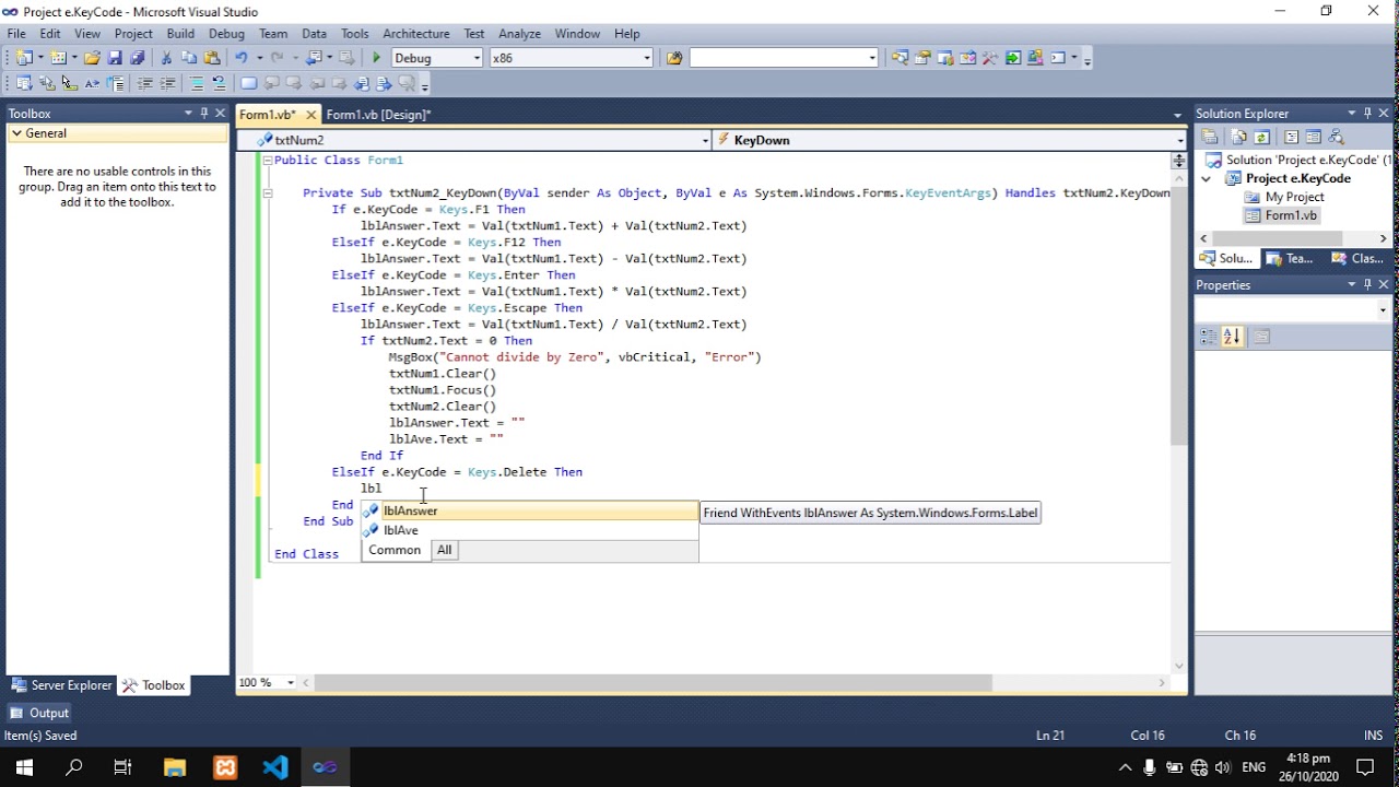 Event Key Code (e.KeyCode) Function in Visual Basic using Visual Studio 2010