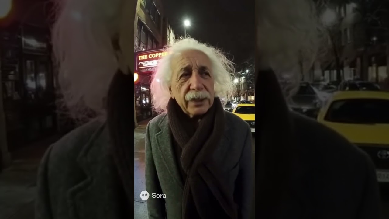 AI FOOTAGE OF ALBERT EINSTEIN OUTSIDE A BAR GETTING QUESTIONED #sora2 #chatgpt #openai