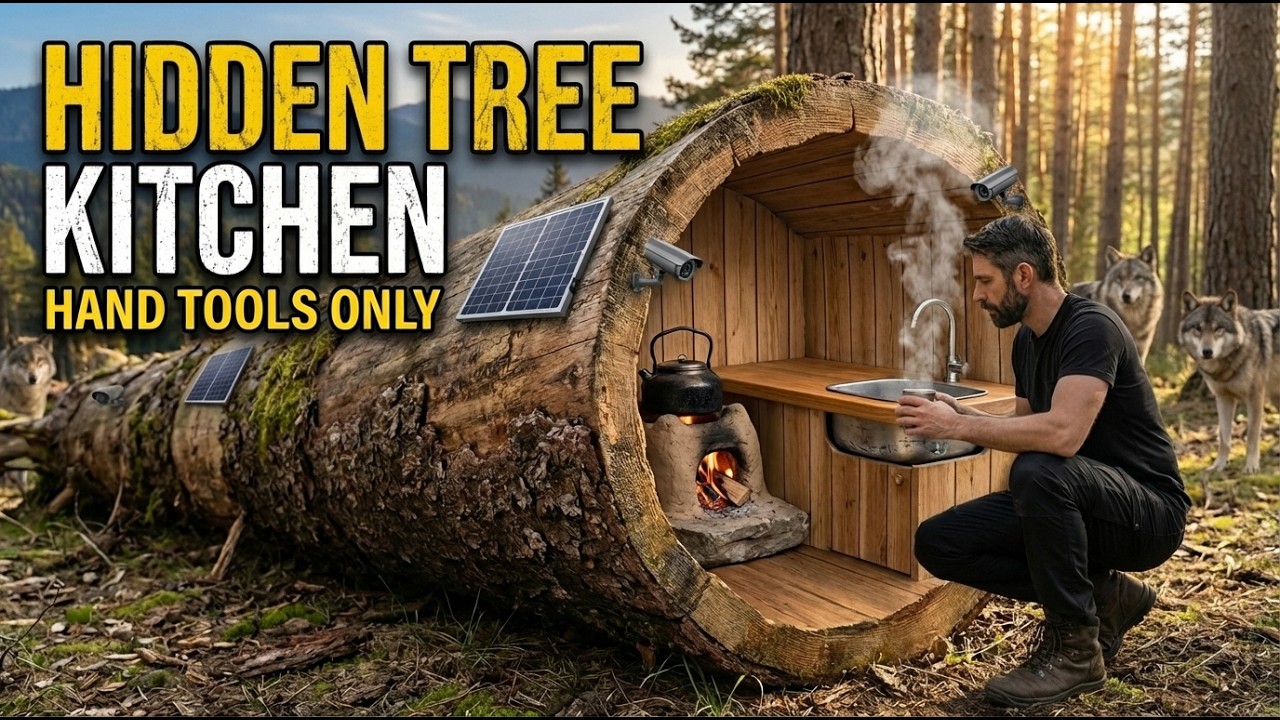 I Built a Tiny Modern Kitchen Inside a Massive Hollow Tree Log Using Only Hand Tools