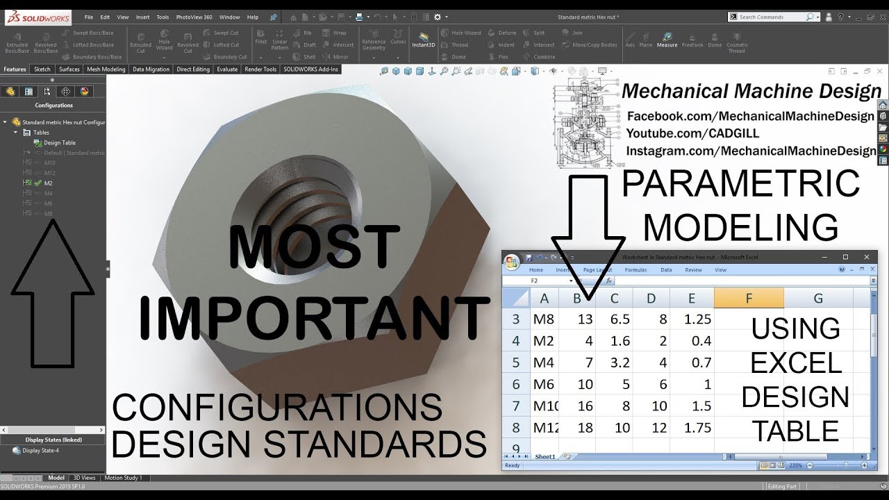 Parametric Modeling SolidWorks integrating Excel, Design tables & configuration Part 1