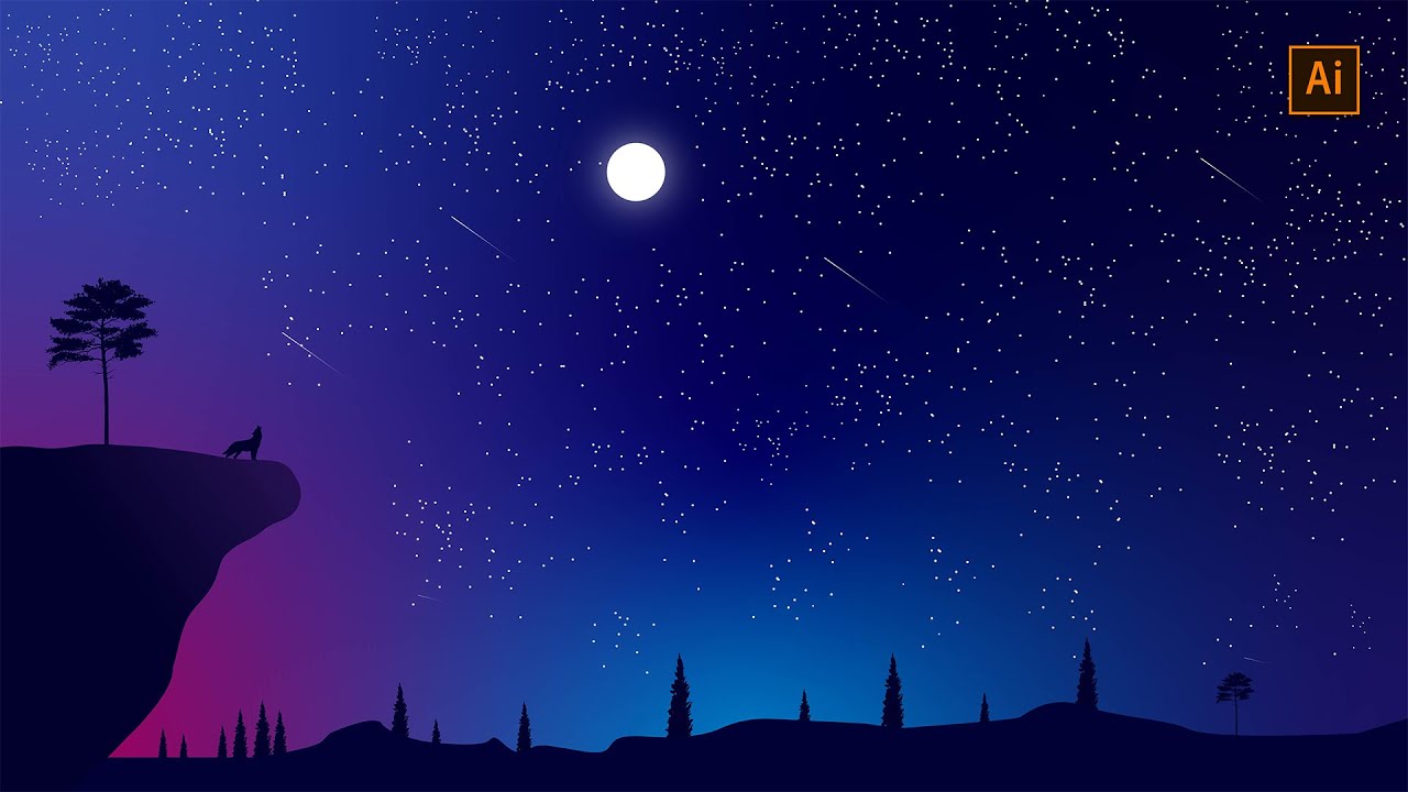 Night Scene And Forest illustration Tutorial | Adobe illustrator cc 2020