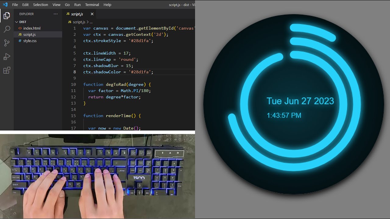 ASMR Programming - Canvas Animated Clock using Html CSS & Javascript - No Talking
