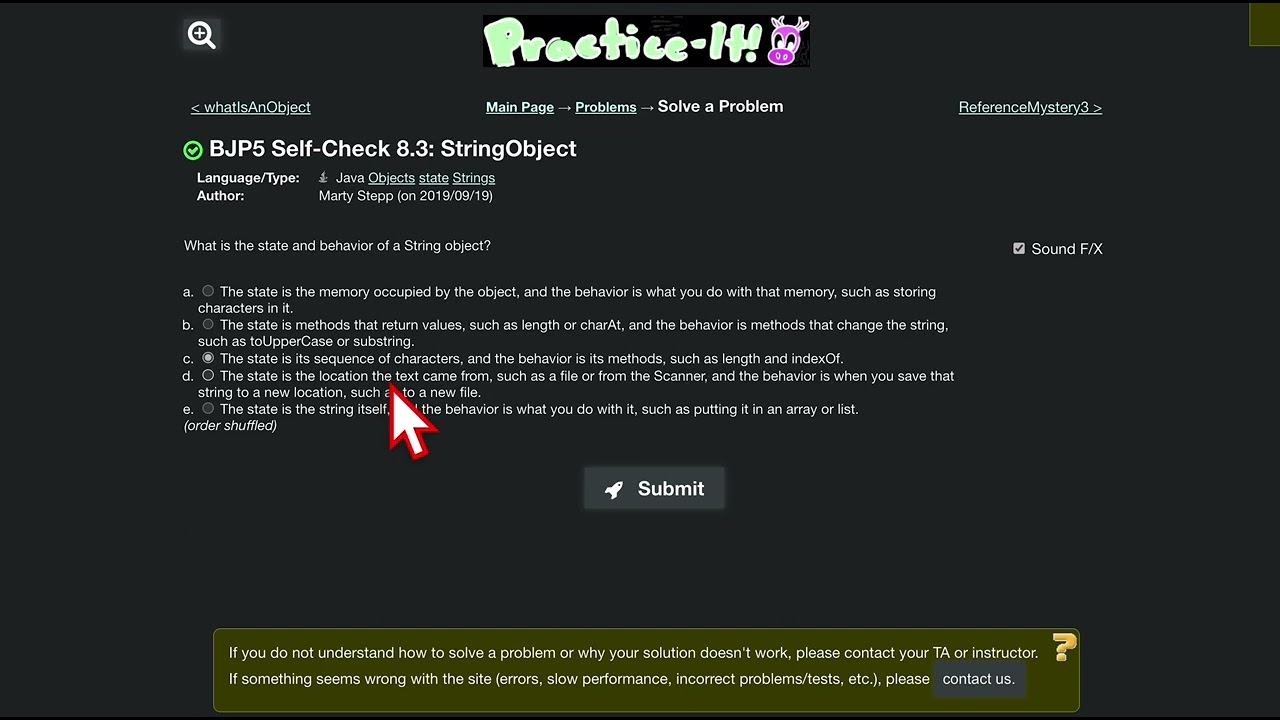 Java Practice It   |   Self-Check 8.3: StringObject |   objects, definition, state, strings