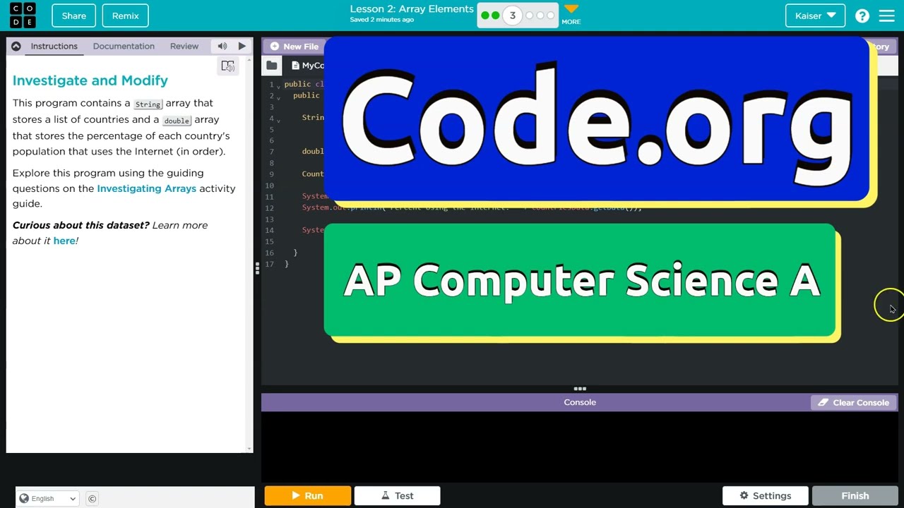 Code.org Lesson 2.3 Array Elements | Tutorial with Answers | Unit 3 Computer Science A