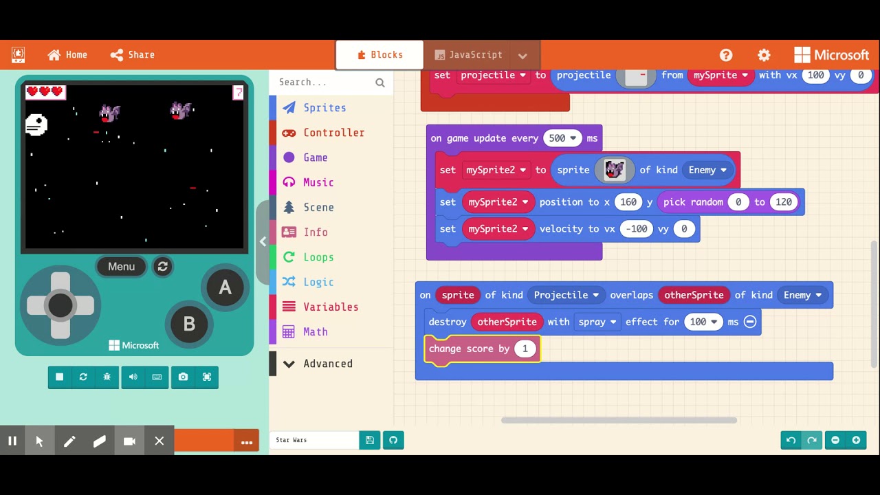 Microsoft MakeCode Arcade Destroying Enemies