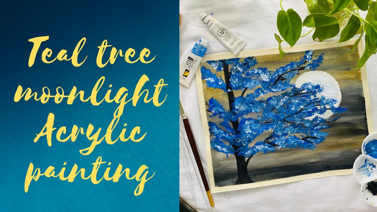 Acrylic painting on canvas || Teal tree in Moonlight || For beginners