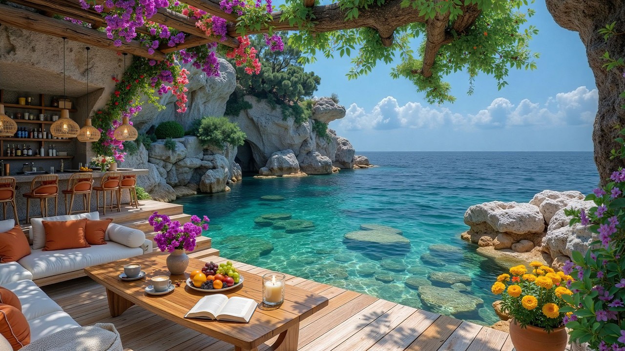 Happy Bossa Nova at Beach Cafe Ambience ~ Soft Morning Jazz & Ocean Wave Sounds for Good Mood