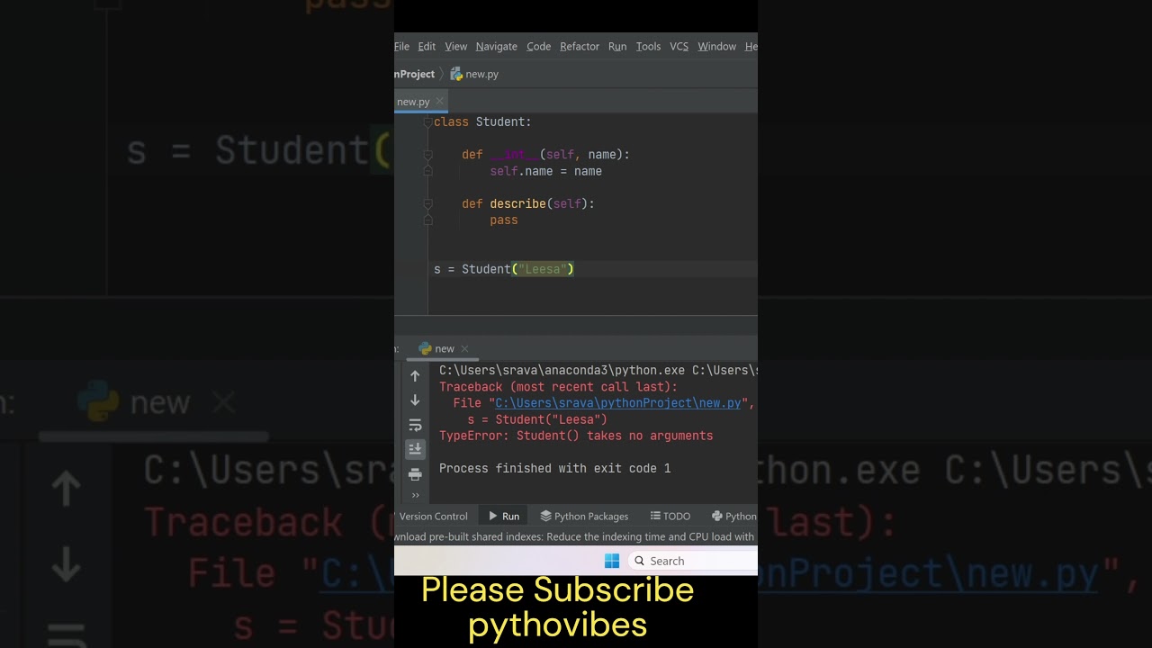 TypeError while creating an instance || class takes no arguments #oops #python  @pythonvibes_