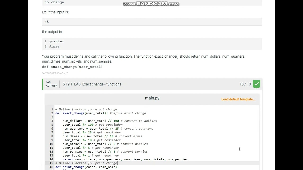 Python  Lab Exact change - functions