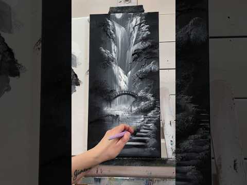 Black and white forest, bridge - FULL tutorials on my channel! shorts #acrylic #painting