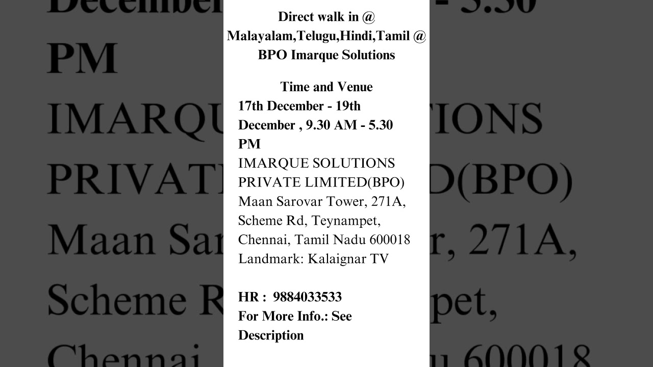 Direct walk in @ Malayalam,Telugu,Hindi,Tamil @ BPO Imarque Solutions