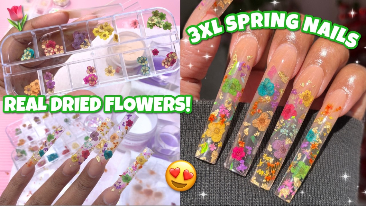 ENCAPSULATING REAL FLOWERS IN MY 3XL NAILS FOR SPRING! 🌸🌷 EASY SRPING NAIL ART FOR BEGINNERS!