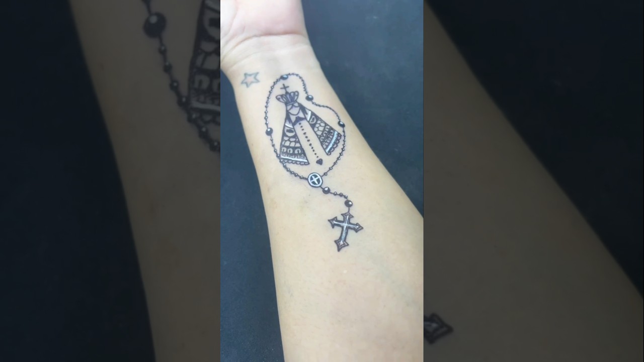 REALISTIC TEMPORARY TATTOO OUR LADY OF APARECIDA WITH ROSARY‼️🙏🏼 #tattoo #viralvideo #nossasenhora