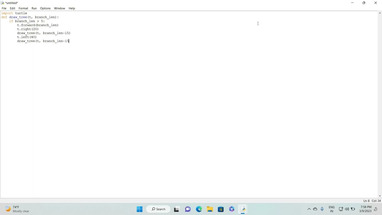 Program in Python that draws a fractal tree using the turtle module