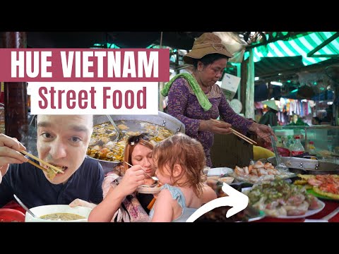 Vietnamese Street Food in Hue Vietnam at Dong Ba Market - Famous Bun Bo Hue Lady, Banh Nam, Durian