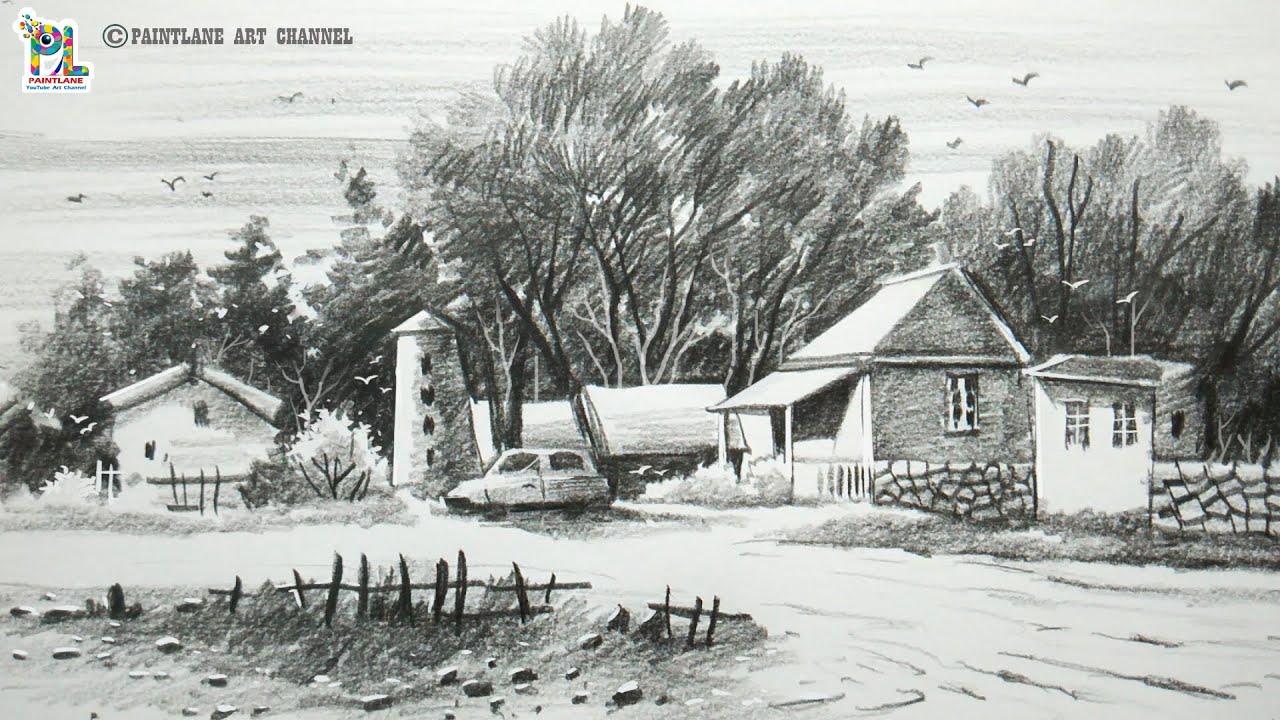 Beautiful Morning Landscape Art In A Street Area View With Pencil Drawing