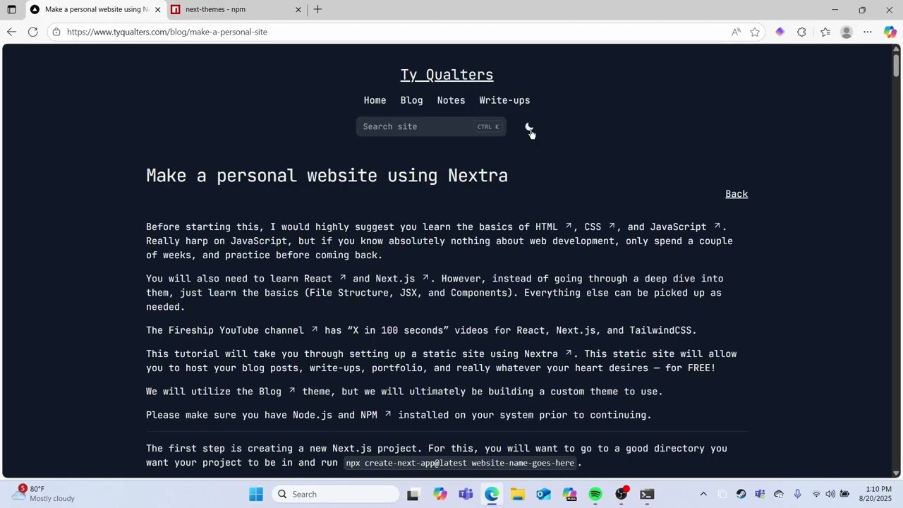 Create a website for your portfolio, blog, and write ups using Nextra