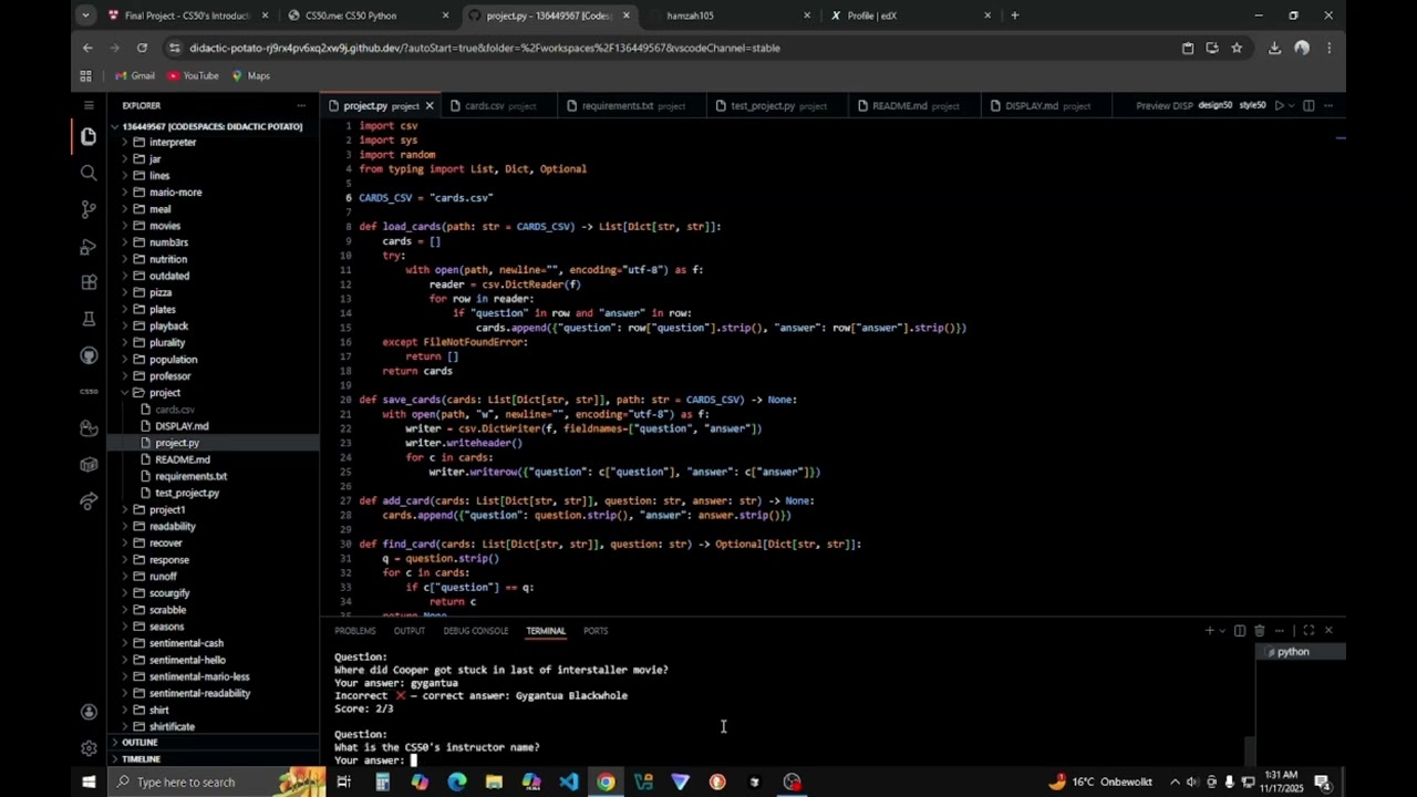The FLASHCARD QUIZ PROGRAM | CS50 Python | Final Project