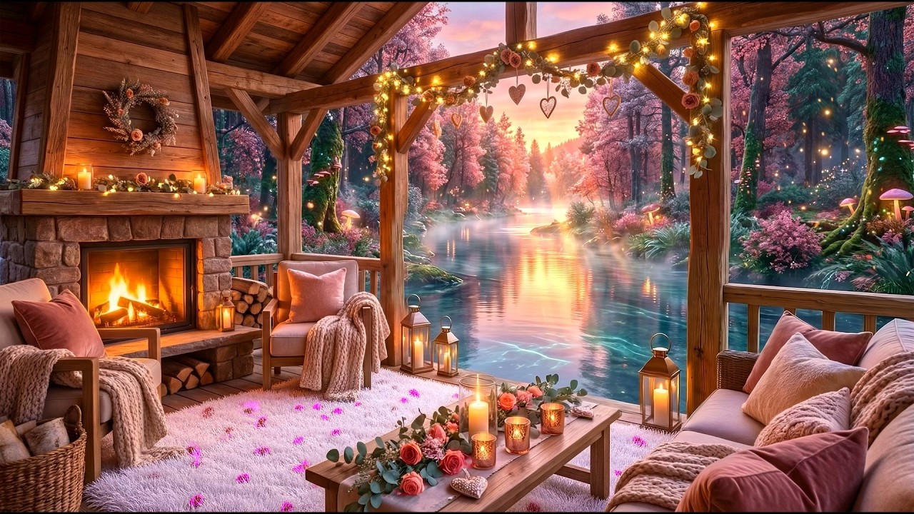 Romantic Valentine Fireplace by the River 💗 Cozy Lights & Soft Piano
