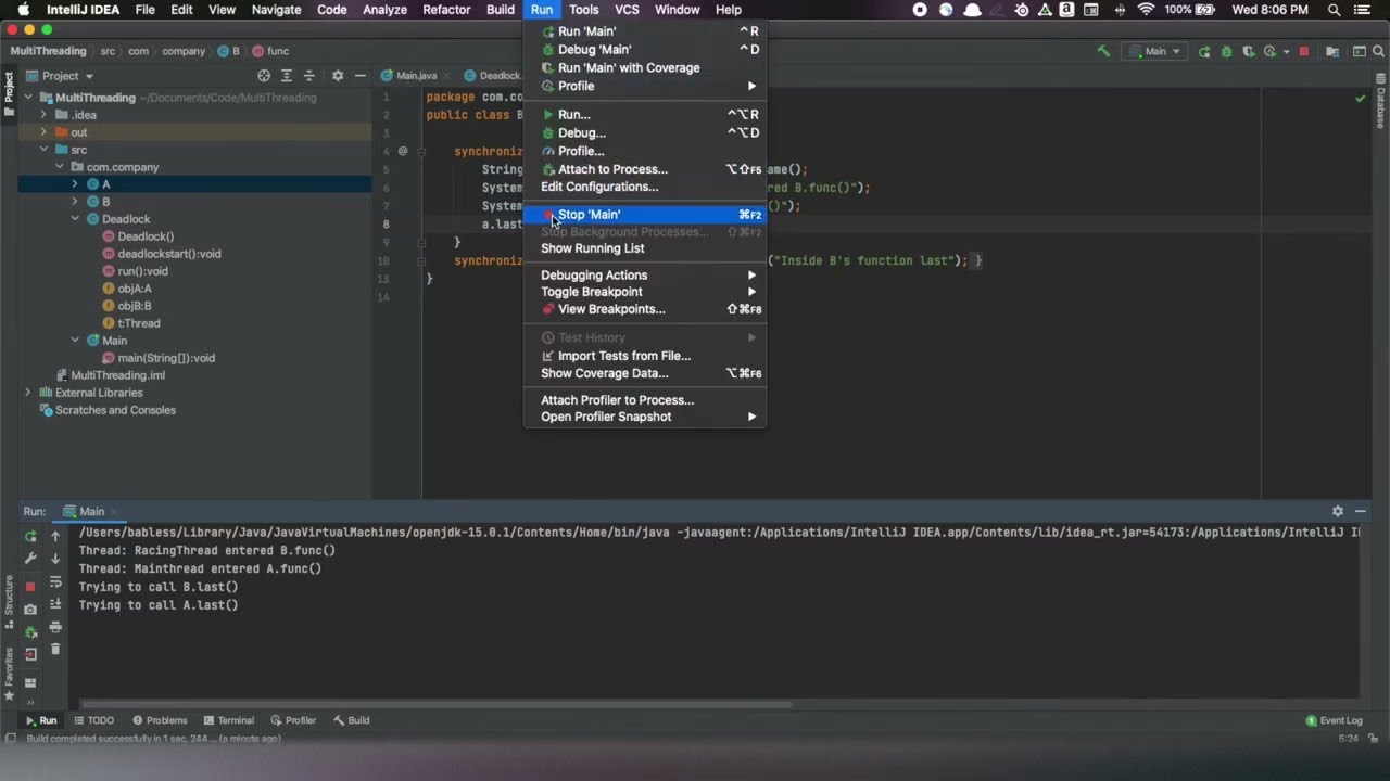 Multi threading deadlock situation Java example