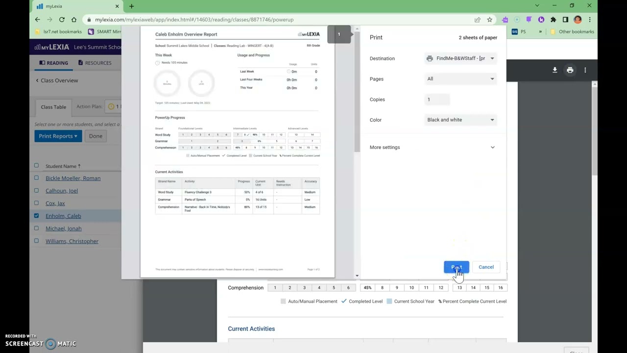 Lexia Report Printing