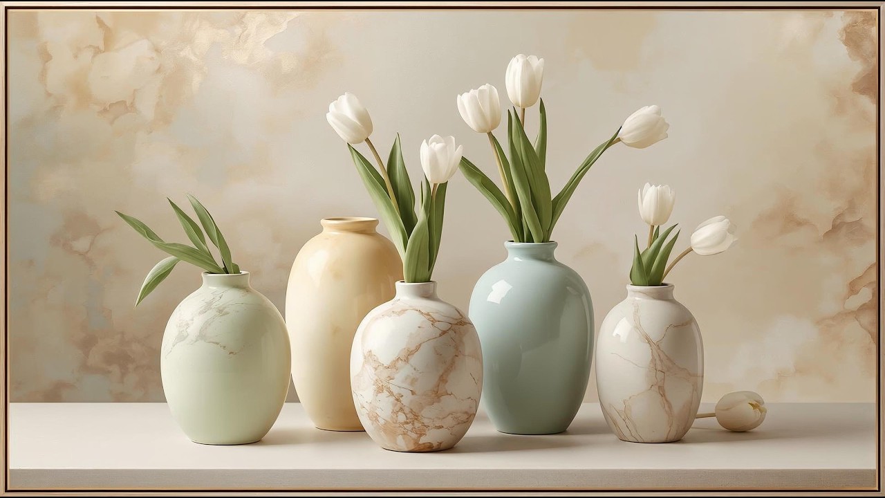 Soft Minimal Tulips 🌷 | White Flowers in Pastel Vases Calm Elegant TV Wallpaper 4K