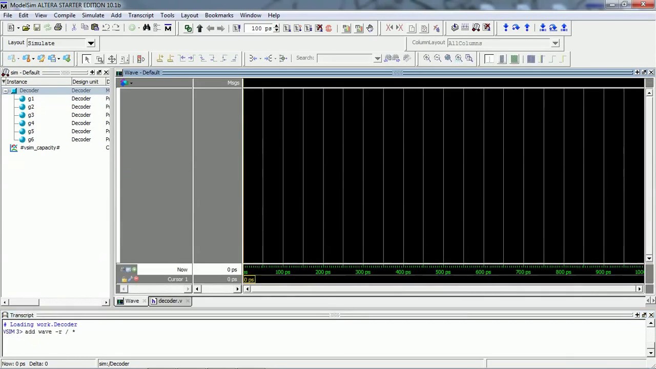 2 to 4 decoder using Modelsim verilog code