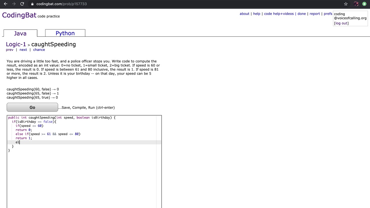 Logic-1 (caughtSpeeding) Java Tutorial || Codingbat.com