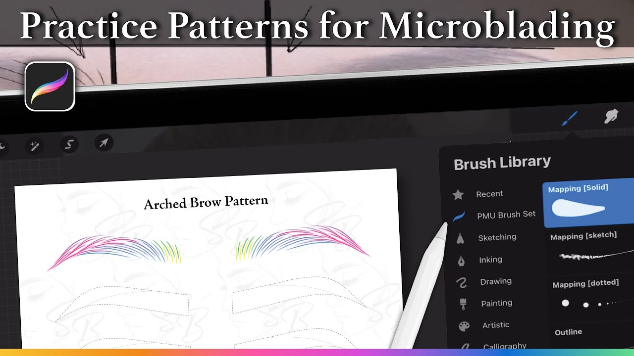 Brow Shape Stroke Patterns for Microblading, Step by step practice templates for permanent makeup