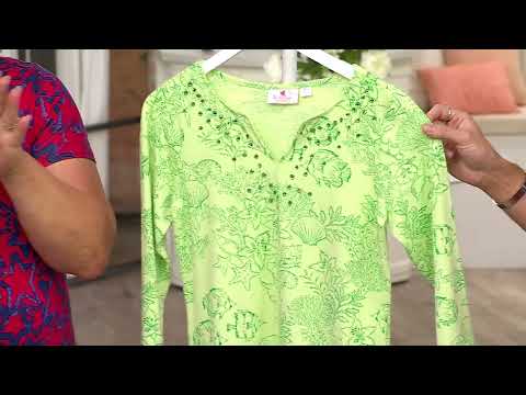 Quacker Factory Let's Get Tropical Embellished 3/4-Sleeve Top on QVC