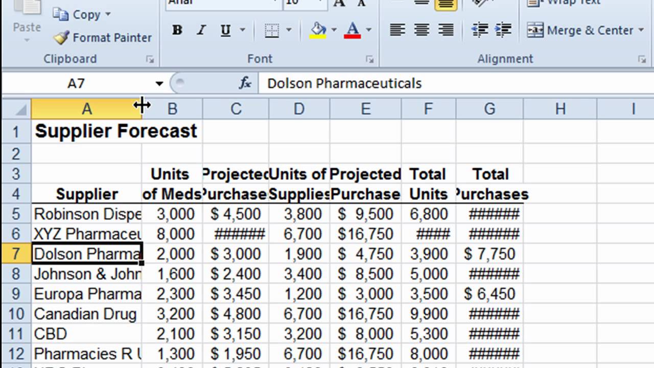 Excel 2010 Changing Column Widths