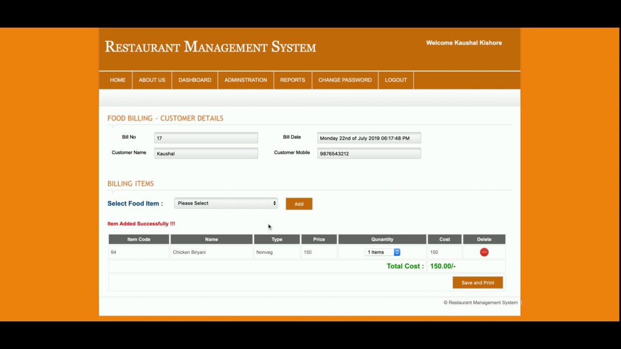 Restaurant Management System | PHP and MySQL Project Source Code | PHP MySQL CRUD Project