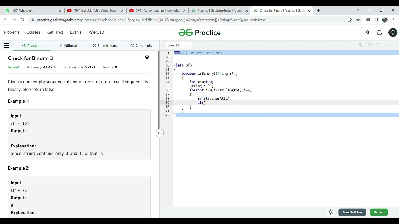 GFG - Check for Binary using java