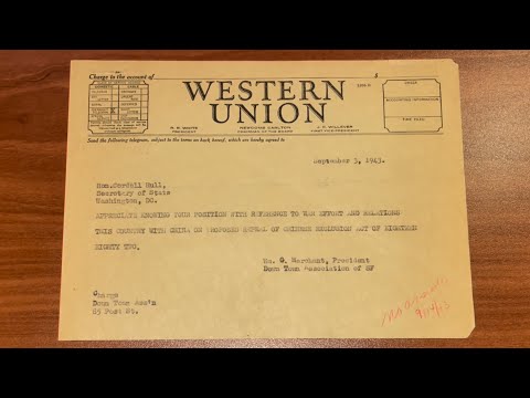 WW2 Telegram to US Secretary of State - 1943 Repeal of Chinese Exclusion Act