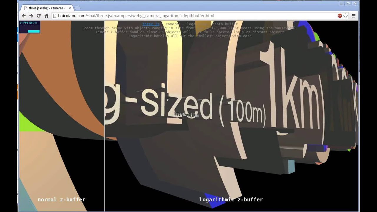 WebGL/Three.js logarithmic depth buffer example